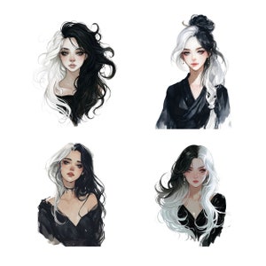 Black White Hair Girls Watercolor Clipart Bundle, Transparent PNG ...