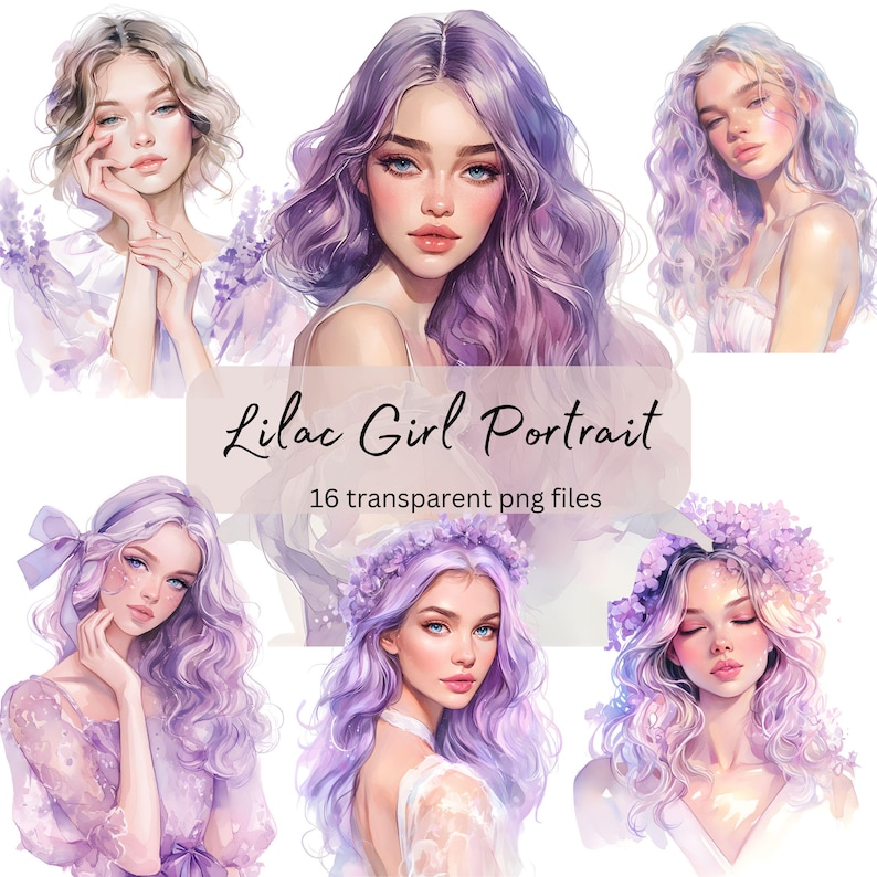 Lilac Girl Portrait Watercolor Clipart Bundle, Princess Fantasy PNG ...