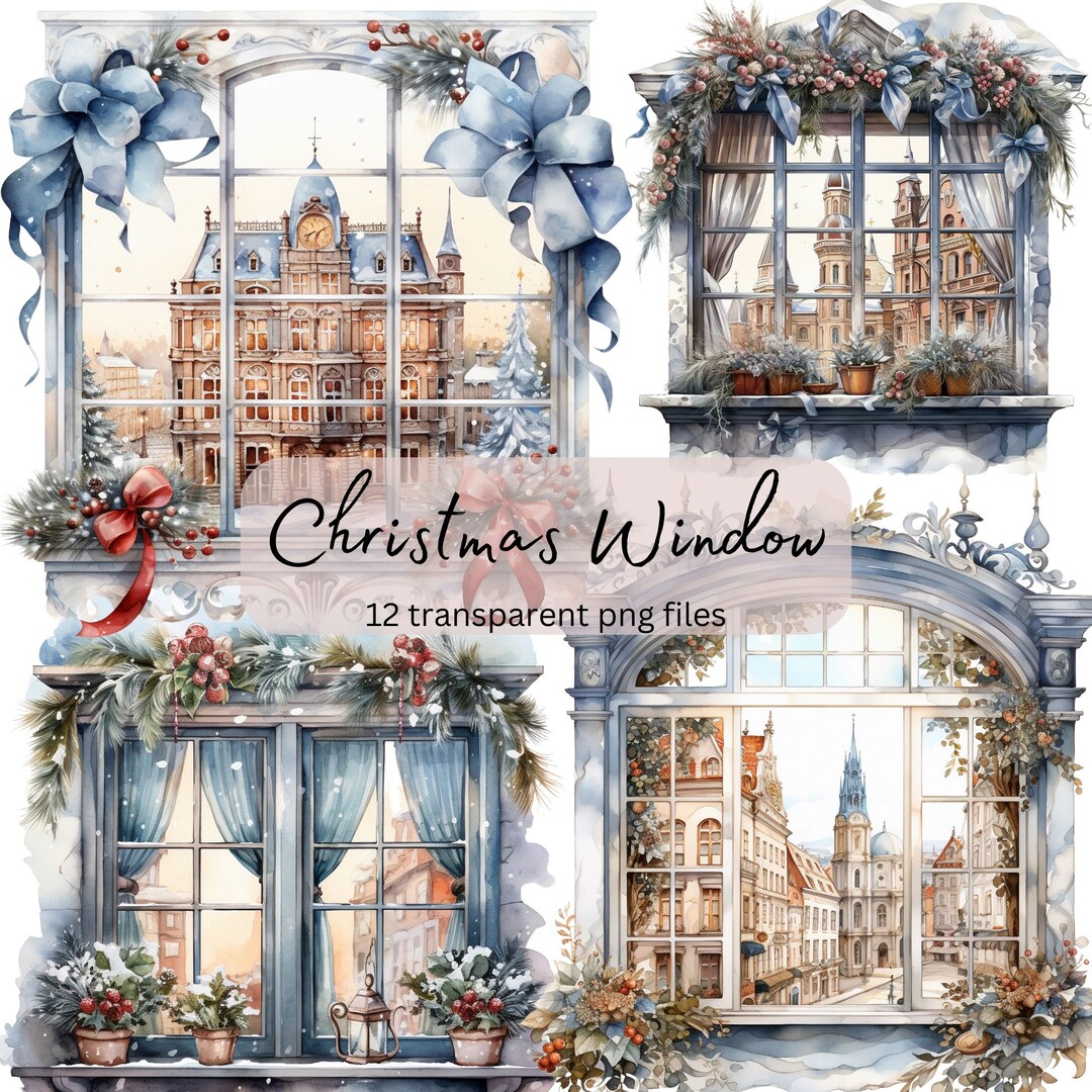 Christmas Window Watercolor Clipart Bundle, Transparent PNG, Winter ...