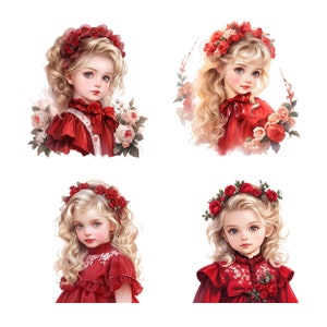 Red Rose Vintage Little Girl Watercolor Clipart Bundle, Transparent PNG ...
