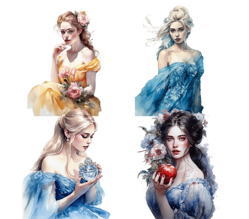 Princess Watercolor Clipart Bundle Transparent PNG Pretty - Etsy