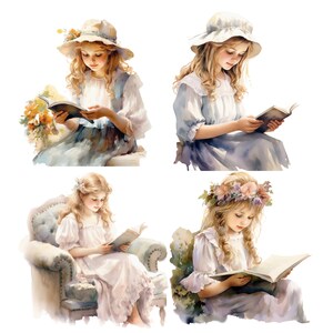 Vintage Little Girl Reading Watercolor Clipart Bundle, Transparent PNG ...