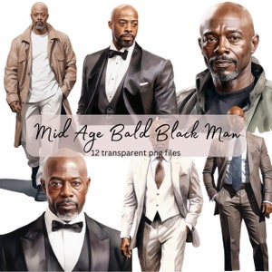 Mid Age Bald Black Man Watercolor Clipart Bundle, Transparent PNG ...