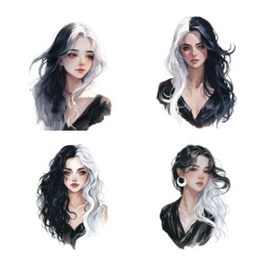 Black White Hair Girls Watercolor Clipart Bundle, Transparent PNG ...