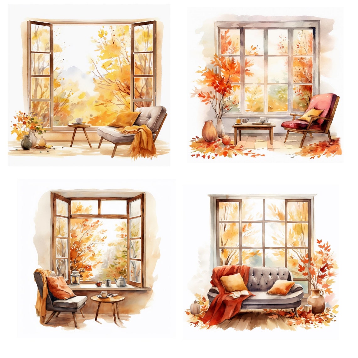Cozy Fall Window Clipart Bundle, Autumn Home Wall Art, High Res Jpegs ...