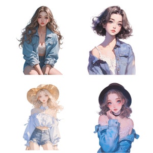 Girls in Denim Watercolor Clipart, Summer Fashion, Transparent PNG ...