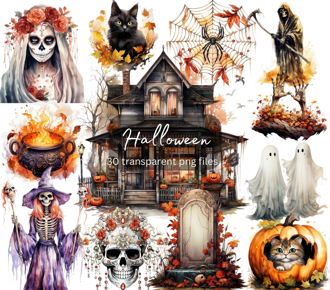 Halloween Watercolor Clipart Bundle, Transparent PNG, Digital Download ...