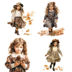Autumn Retro Little Girl Watercolor Clipart Bundle, Transparent PNG ...