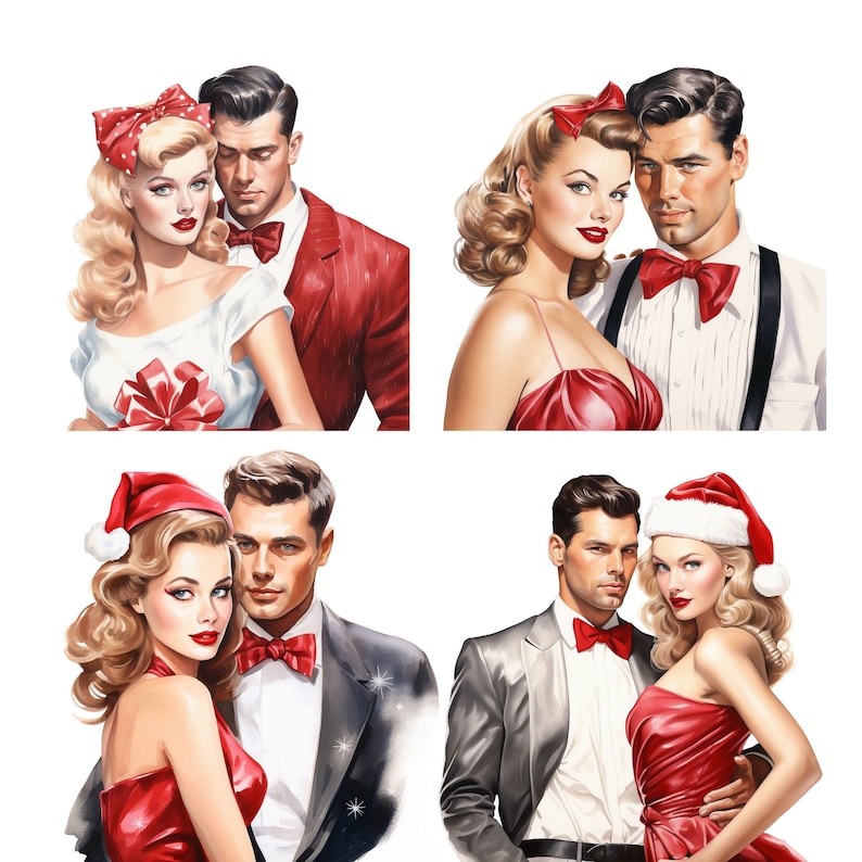 Christmas Retro Couple Watercolor Clipart Bundle, Transparent PNG ...