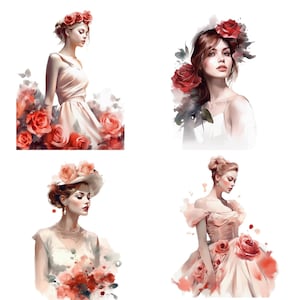 Red Rose Girls Watercolor Clipart Bundle, Princess Fantasy PNG ...