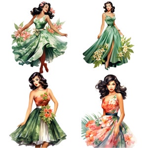 Hula Pin up Girls Watercolor Clipart Bundle, Transparent PNG, Pretty ...