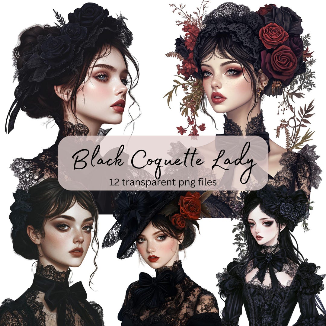 Black Coquette Lady Watercolor Clipart Bundle, Halloween Transparent ...