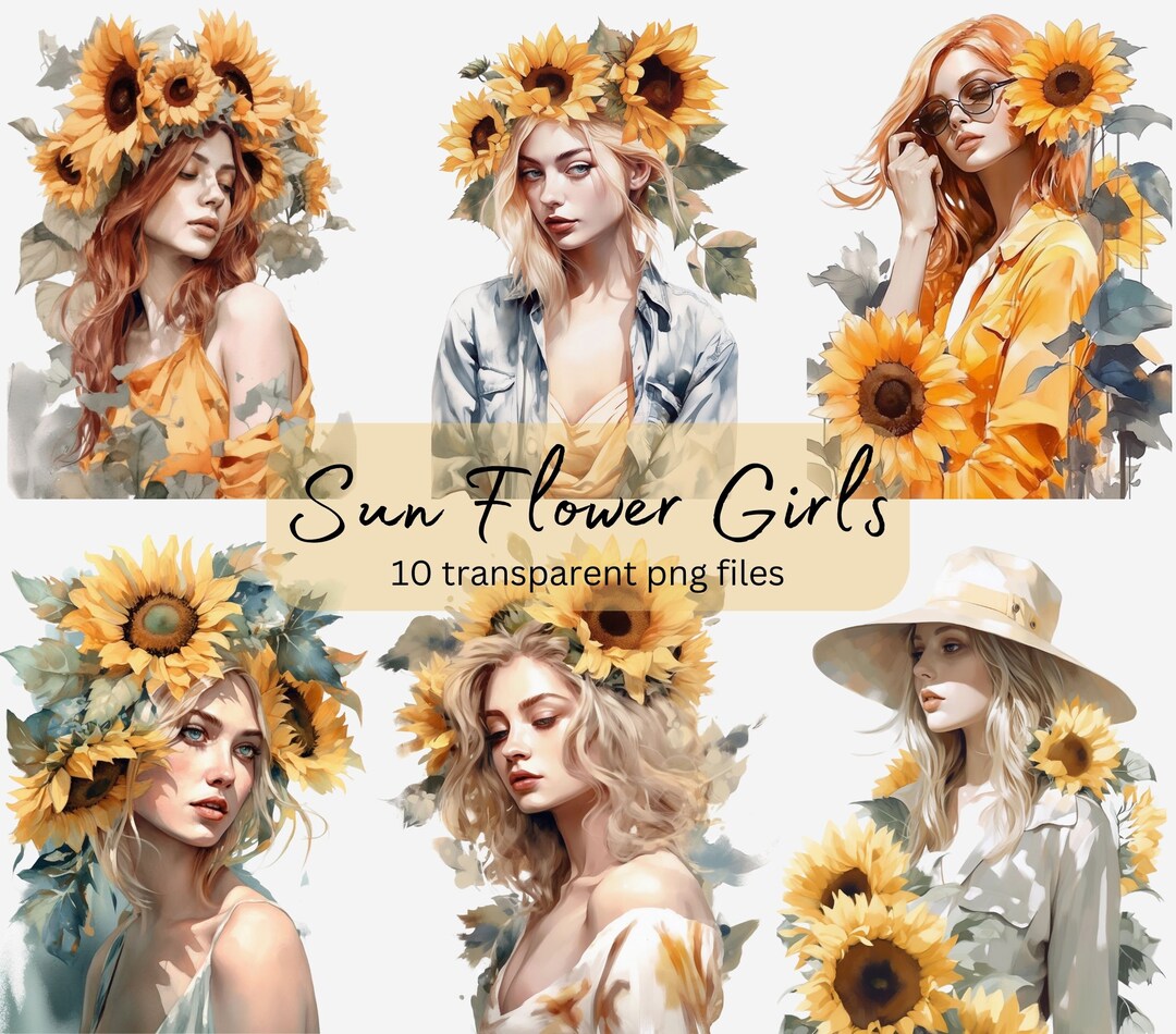 Sunflower Girls Watercolor Clipart Bundle, Transparent PNG, Digital ...