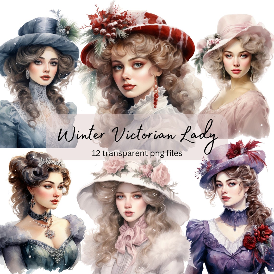 Winter Victorian Lady Vintage Watercolor Clipart Bundle, Transparent ...