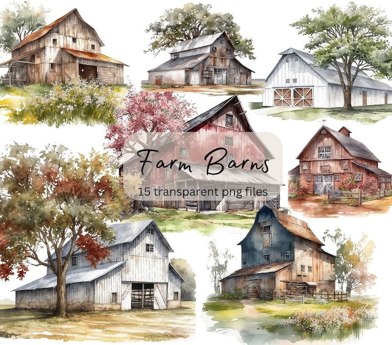 Farm Barn Watercolor Clipart Bundle, Transparent PNG, Farmhouse Clipart ...