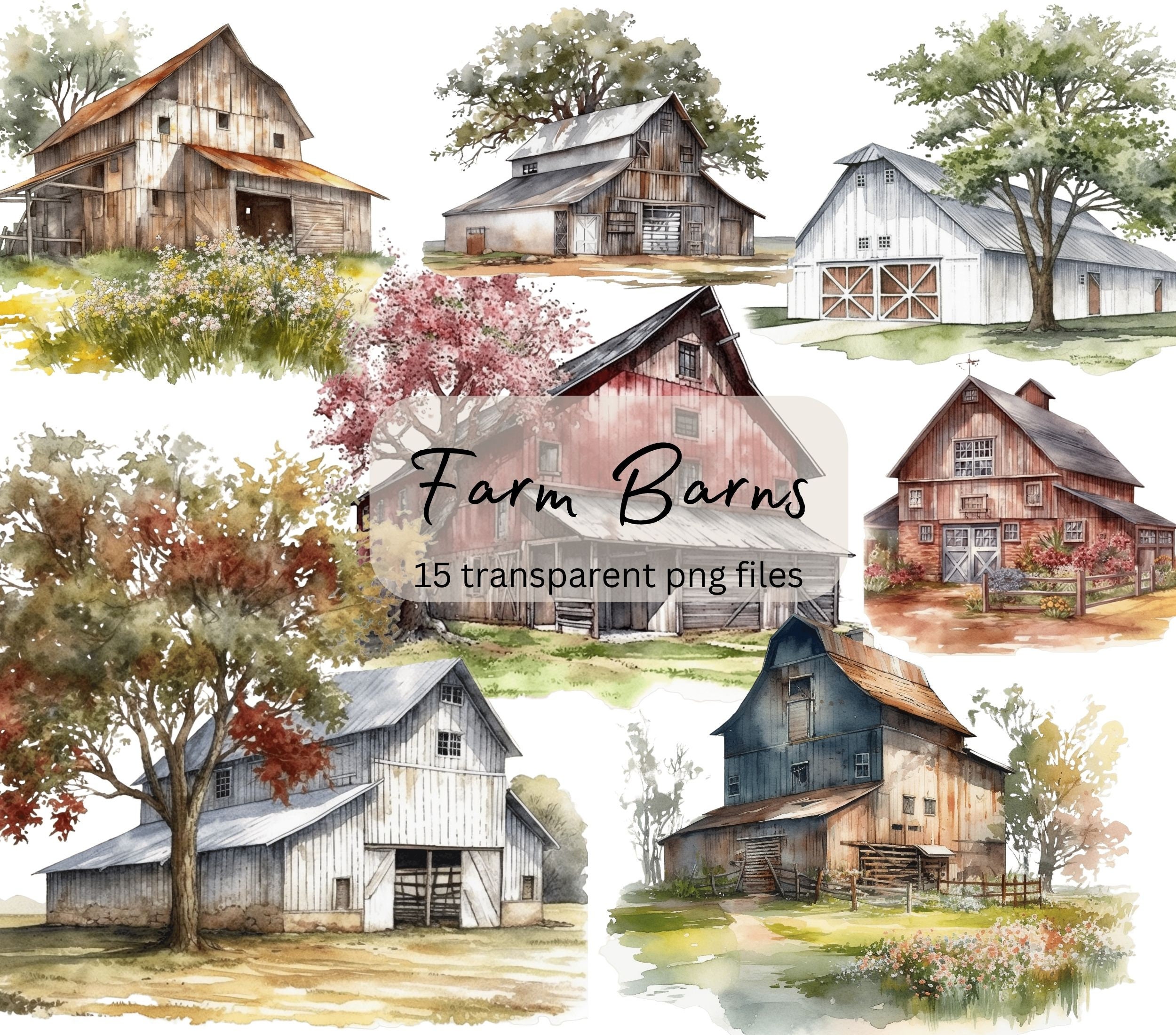 Farm Barn Watercolor Clipart Bundle Transparent PNG - Etsy