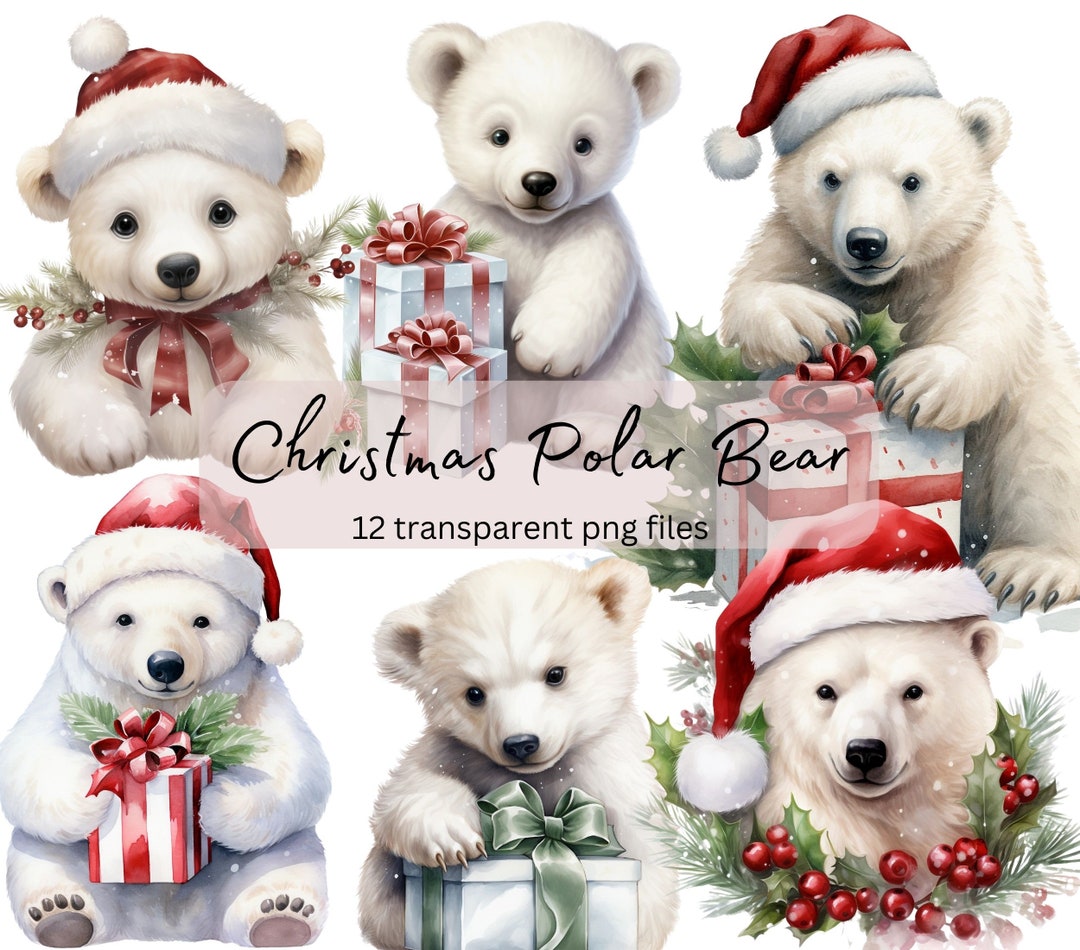 Christmas Polar Bear Watercolor Clipart Bundle, Transparent PNG, Cute ...