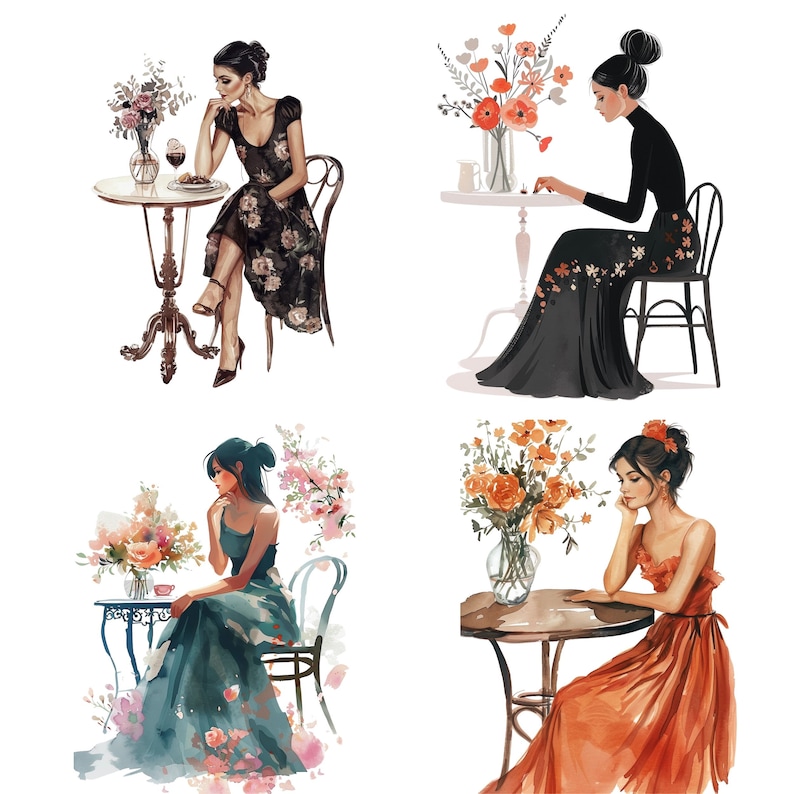Lady by Table Watercolor Clipart Bundle, Transparent PNG, Elegant ...
