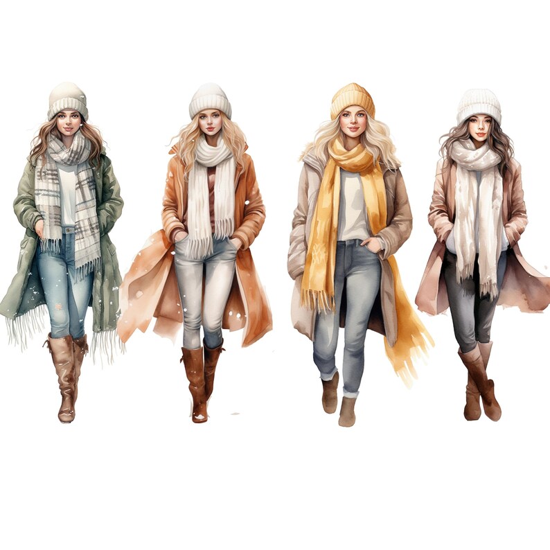 Winter Cottage Girl Watercolor Clipart Bundle, Transparent PNG, Digital ...