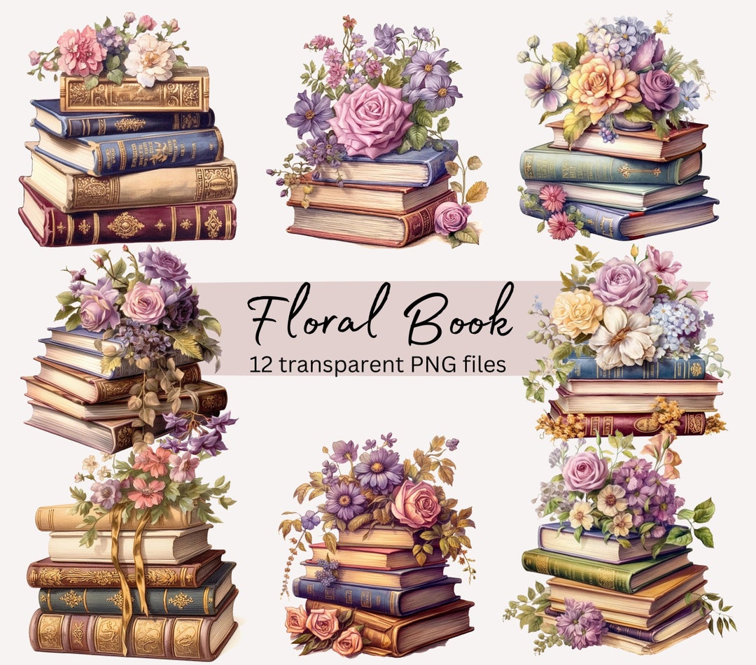 Floral Books Watercolor Clipart Bundle, Transparent PNG, Digital ...