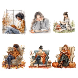 Fall Cozy Reading Watercolor Clipart, Cottagecore Bookworm, Transparent ...