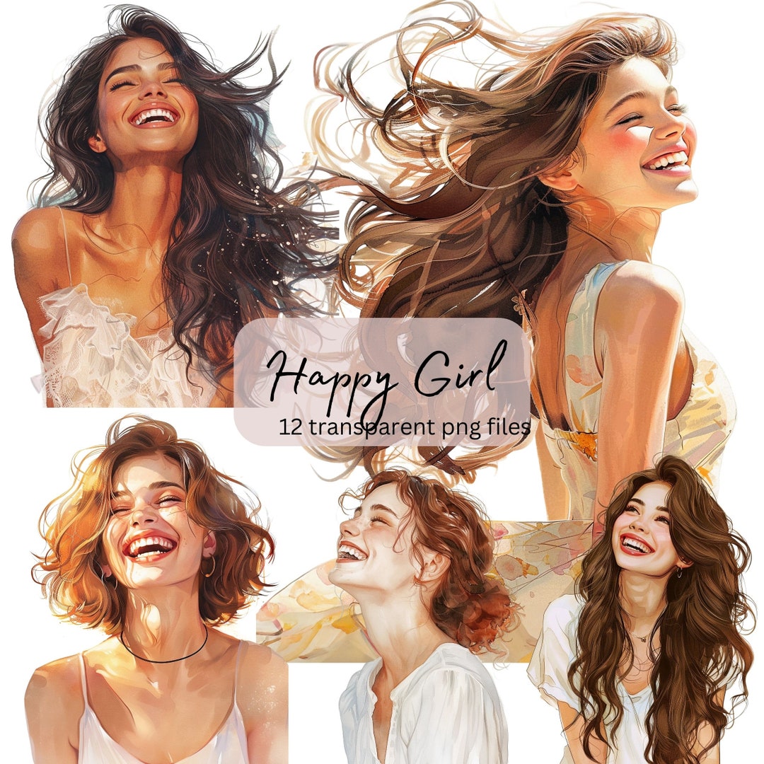 Happy Girl Watercolor Clipart Bundle, Transparent PNG, Digital Download ...