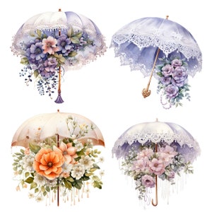 Floral Umbrellas Watercolor Clipart Bundle, Transparent PNG, Digital ...
