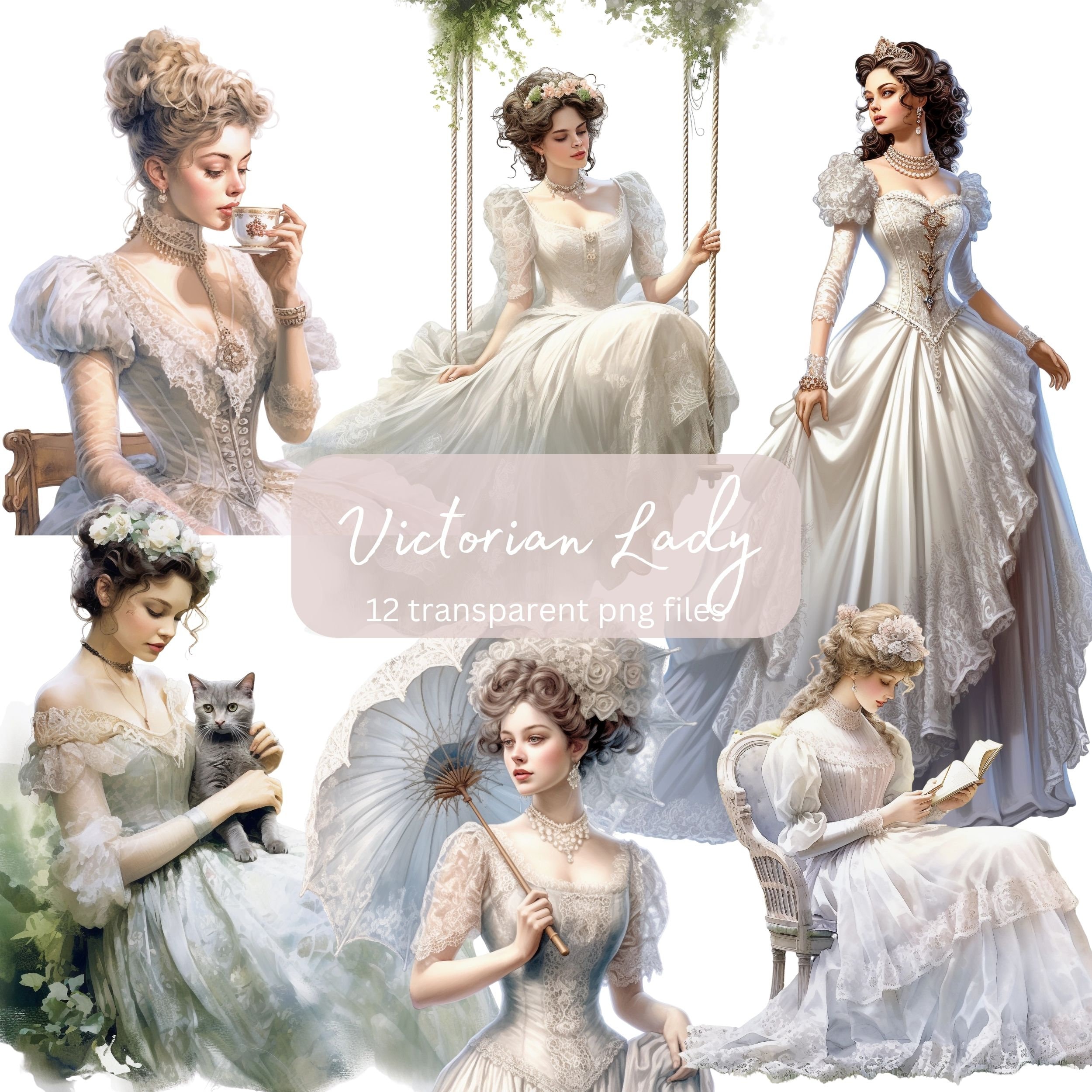 Victorian Lady Vintage Watercolor Clipart Bundle Transparent - Etsy