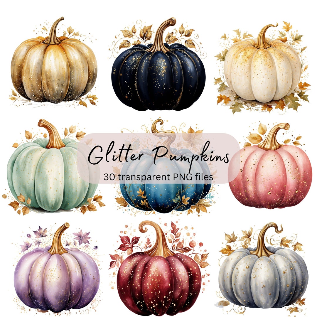 Glitter Pumpkins Watercolor Clipart Bundle, Transparent PNG, Digital ...