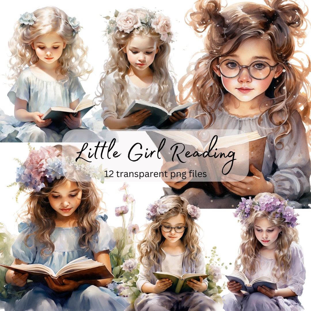 Little Girl Reading Watercolor Clipart Bundle, Transparent PNG ...