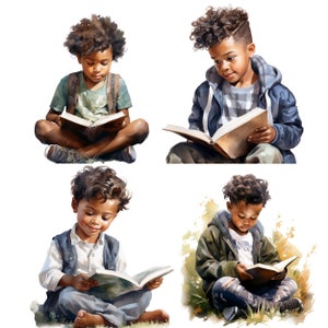 Little Boy Reading Book Watercolor Clipart Bundle, Transparent PNG ...
