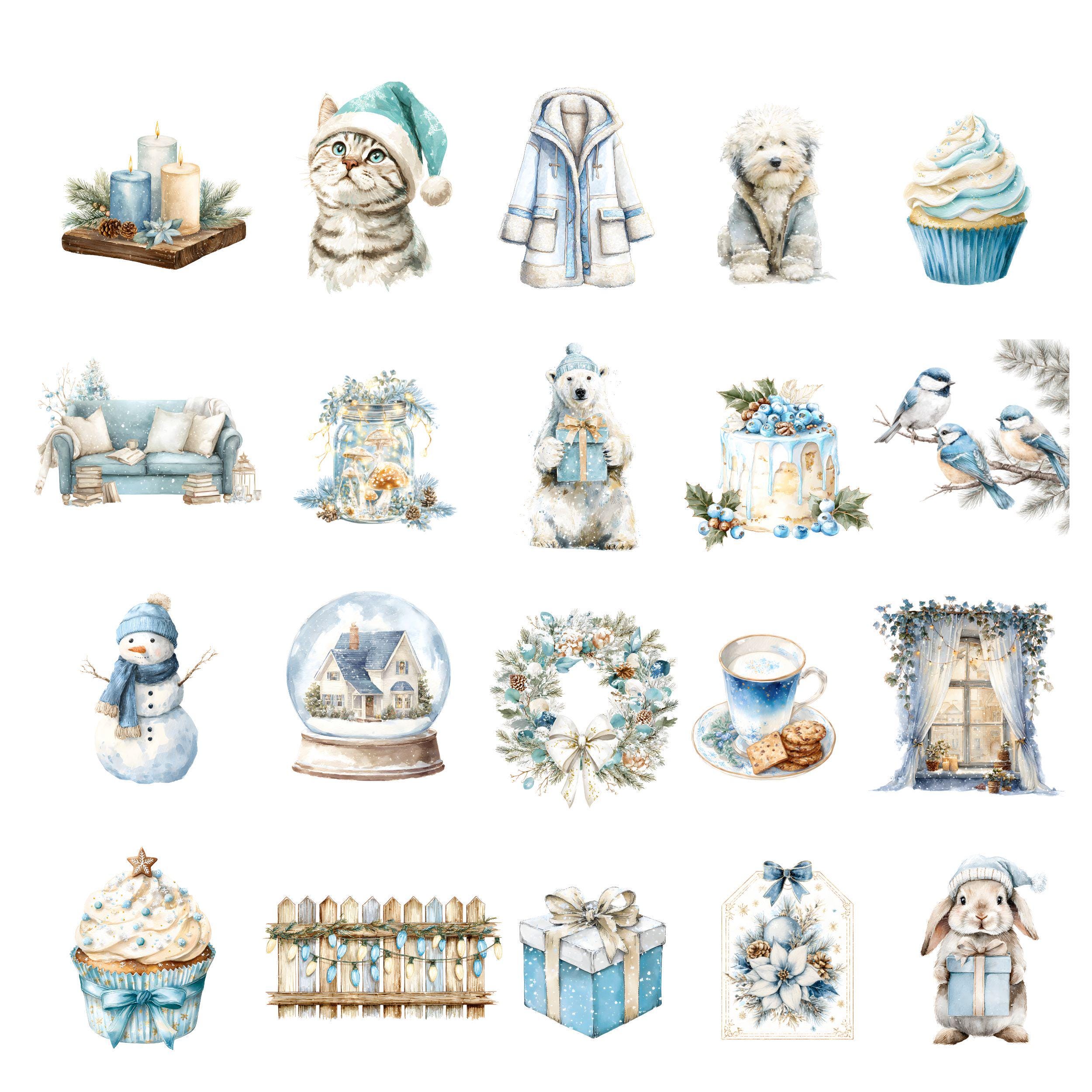 Dreamy Blue Christmas, Winter Cozy Holiday Watercolor Clipart Bundle ...
