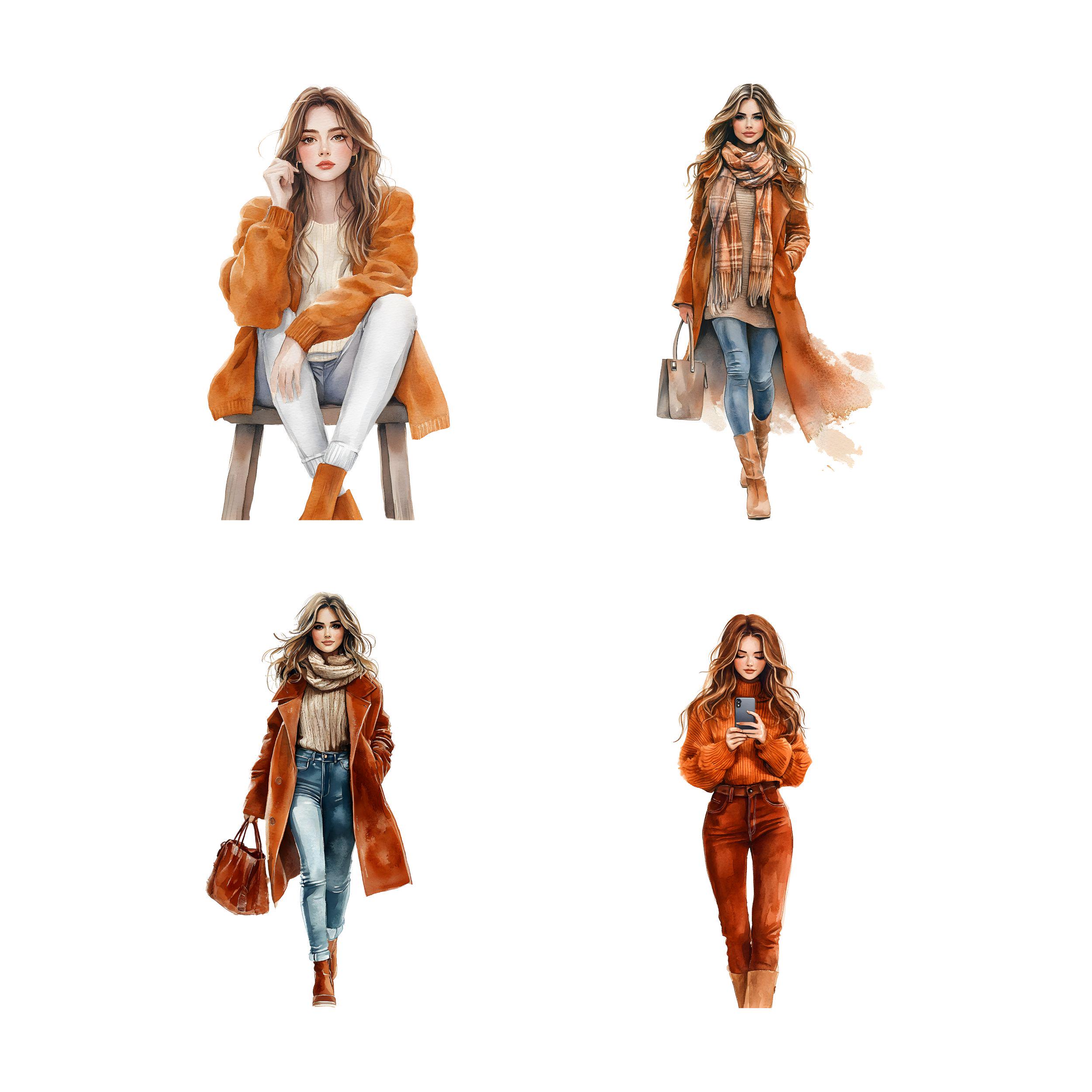 Fall Fashion Girls Watercolor Clipart Bundle, Transparent PNG, Digital ...
