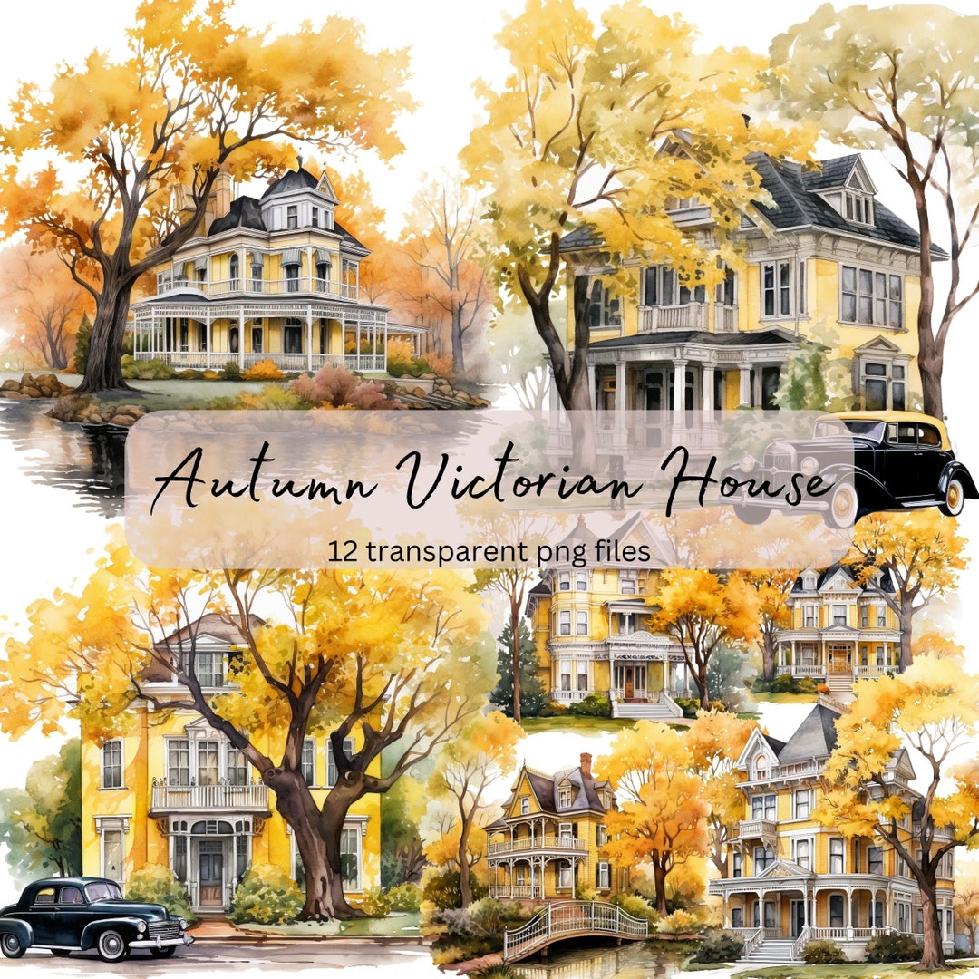 Fall Victorian House Watercolor Clipart Bundle, Transparent PNG, Home ...