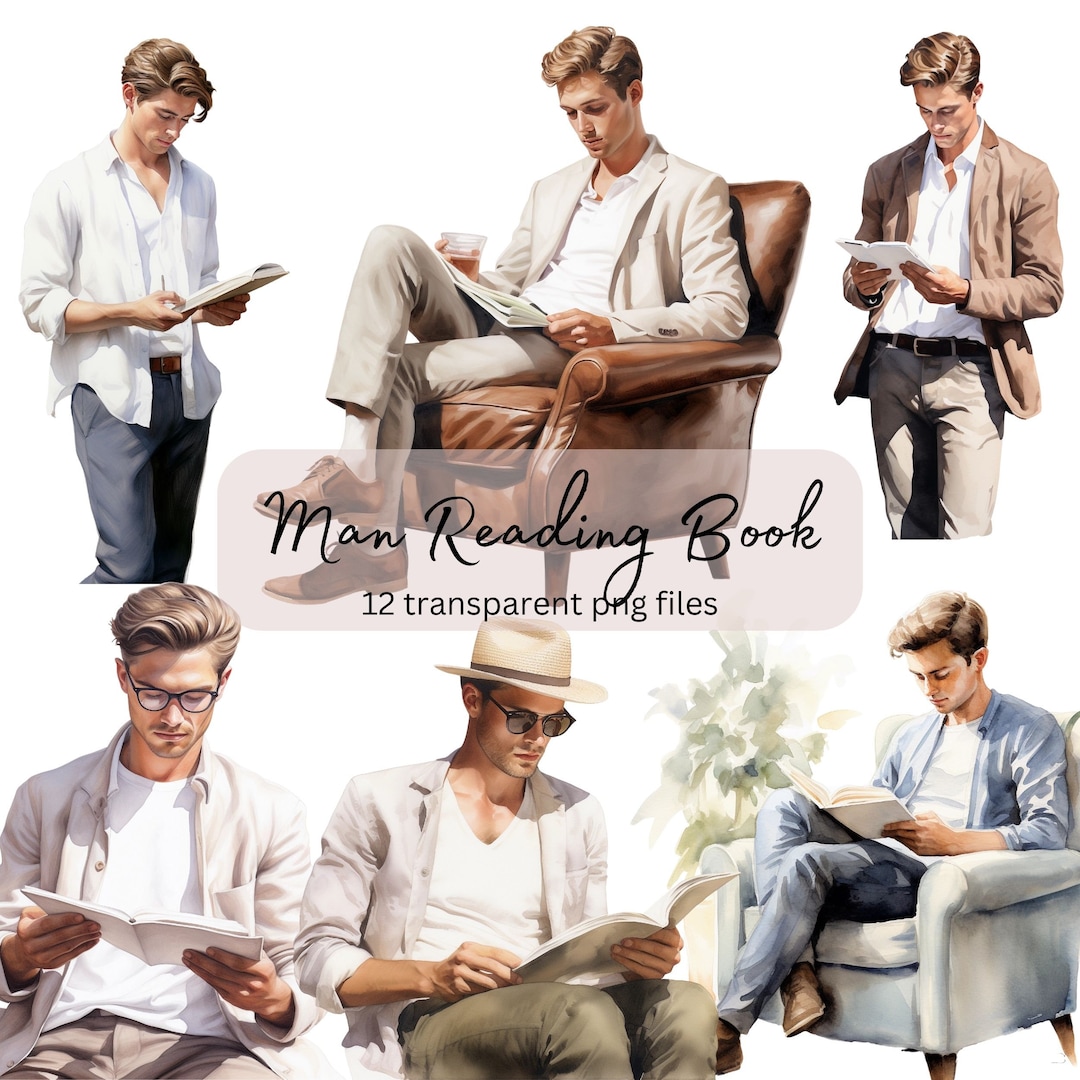 Young Man Reading Watercolor Clipart Bundle, Transparent Png,portrait ...