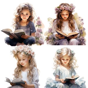 Little Girl Reading Watercolor Clipart Bundle, Transparent PNG ...