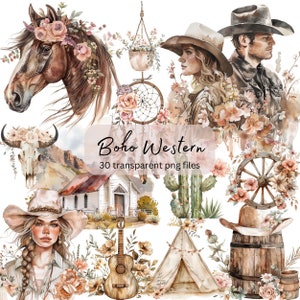 Boho Western Watercolor Clipart, Floral Cowgirl Cowboy, Wild West ...