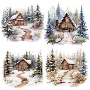 Winter Forest Cabin Watercolor Clipart, Transparent PNG, Landscape ...