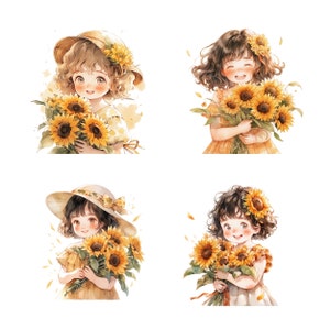 Little Girl With Sunflowers Watercolor Clipart Bundle, Transparent PNG ...