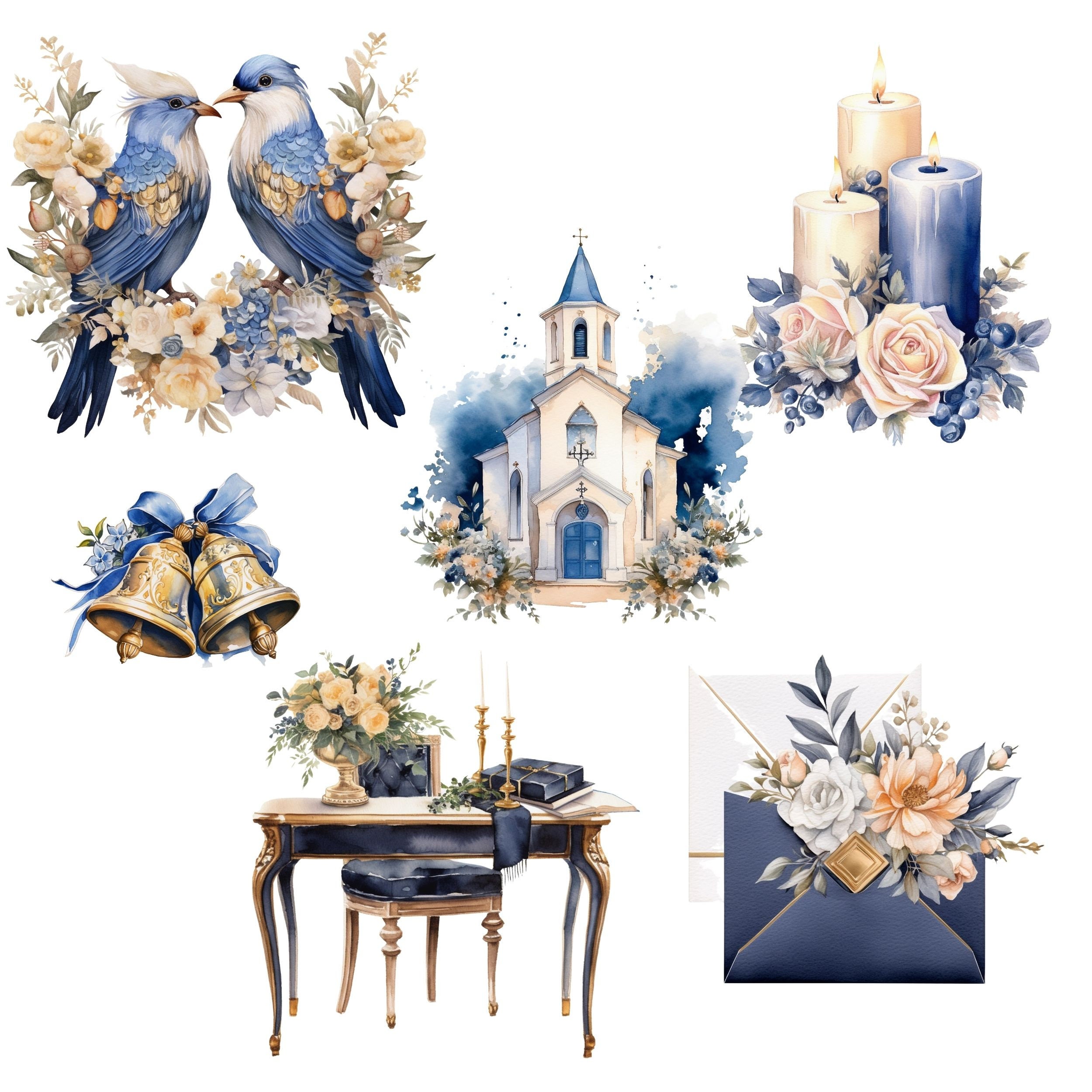 Blue Wedding Day Clipart Bundle Watercolor, Transparent PNG, Bride ...