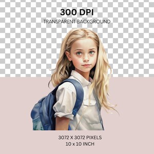 Little School Girl Watercolor Clipart Bundle, Transparent PNG, Cute ...