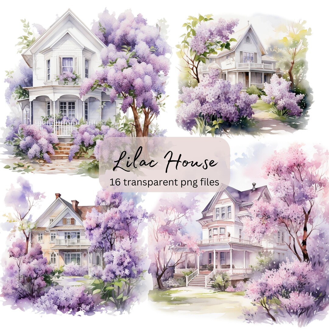 Lilac House Watercolor Clipart, Transparent PNG, Spring Cottage Life ...