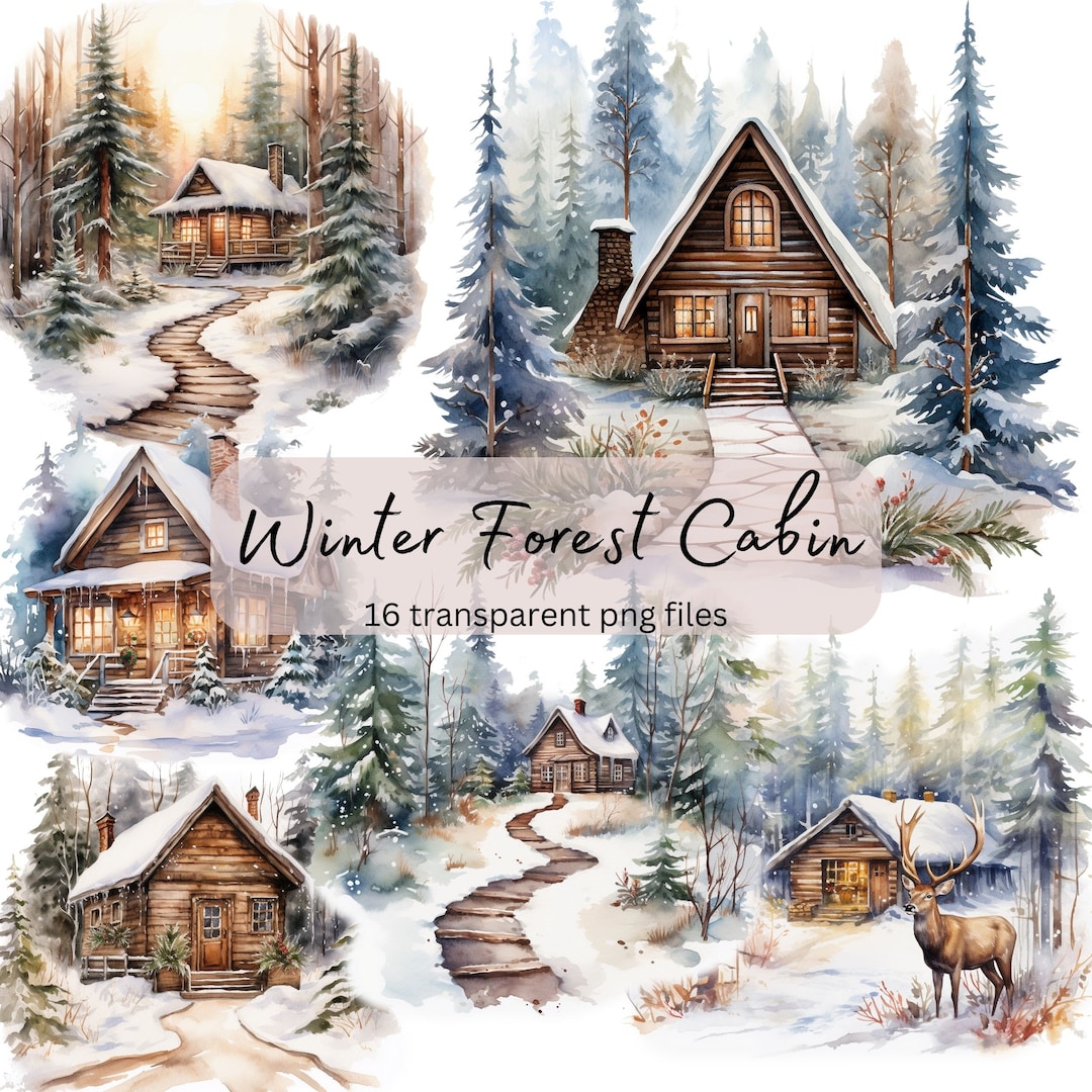 Winter Forest Cabin Watercolor Clipart, Transparent PNG, Landscape ...