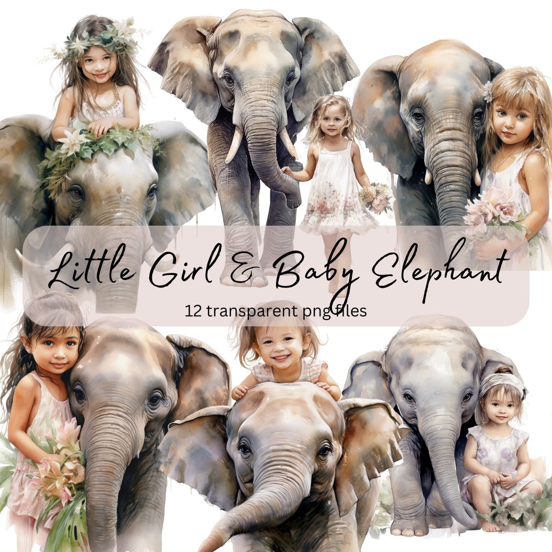 Little Girl With Baby Elephant Watercolor Clipart Bundle, Transparent ...