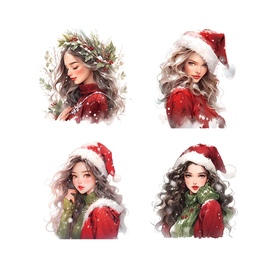 Romantic Christmas Girls Watercolor Clipart Bundle, Transparent PNG ...