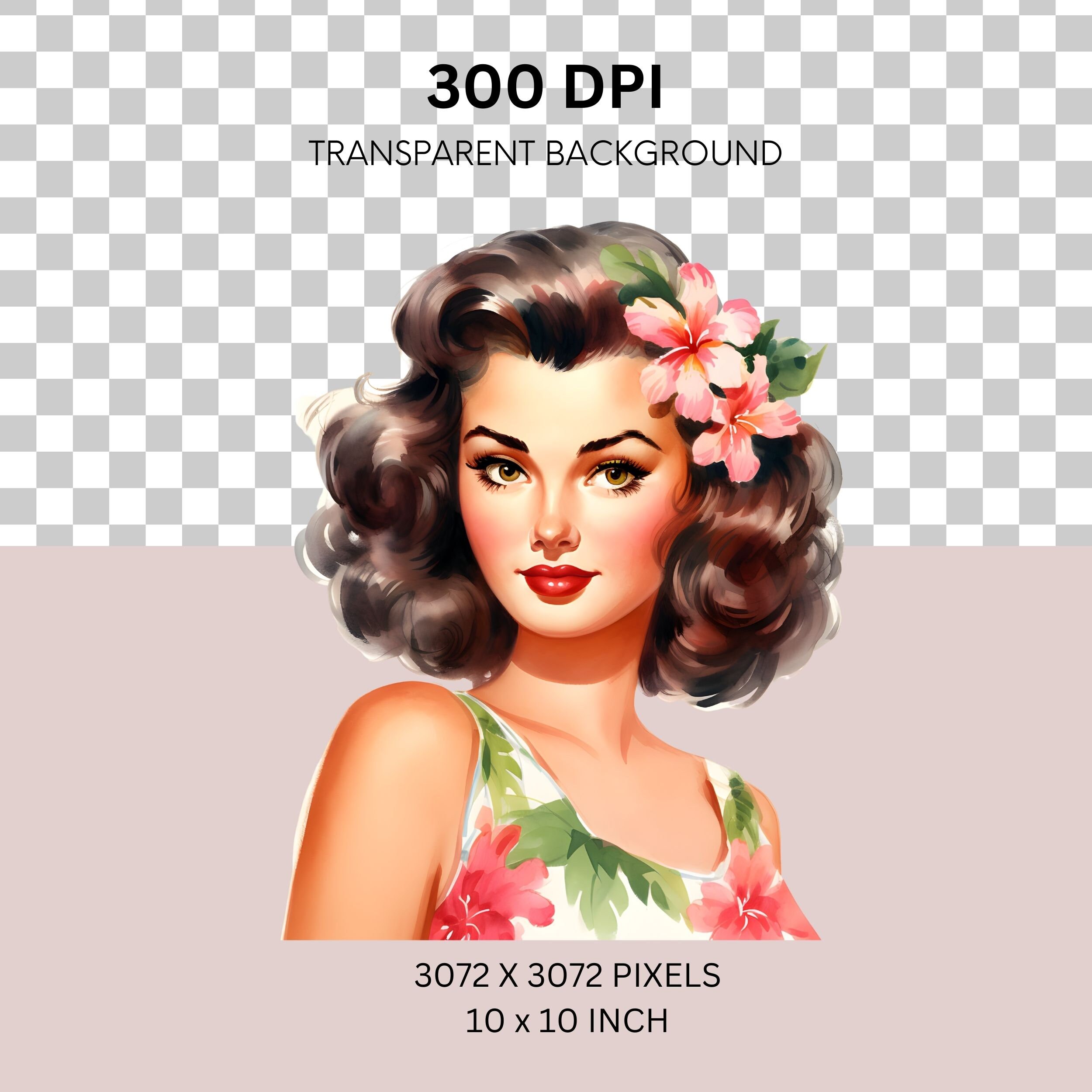 Hula Pin up Girls Watercolor Clipart Bundle, Transparent PNG, Pretty ...
