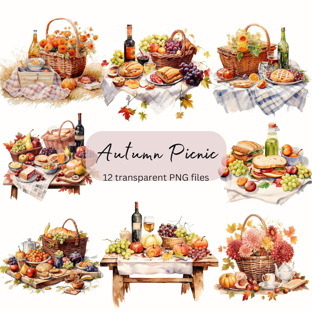 Autumn Picnic Watercolor Clipart Bundle, Transparent PNG, Digital ...