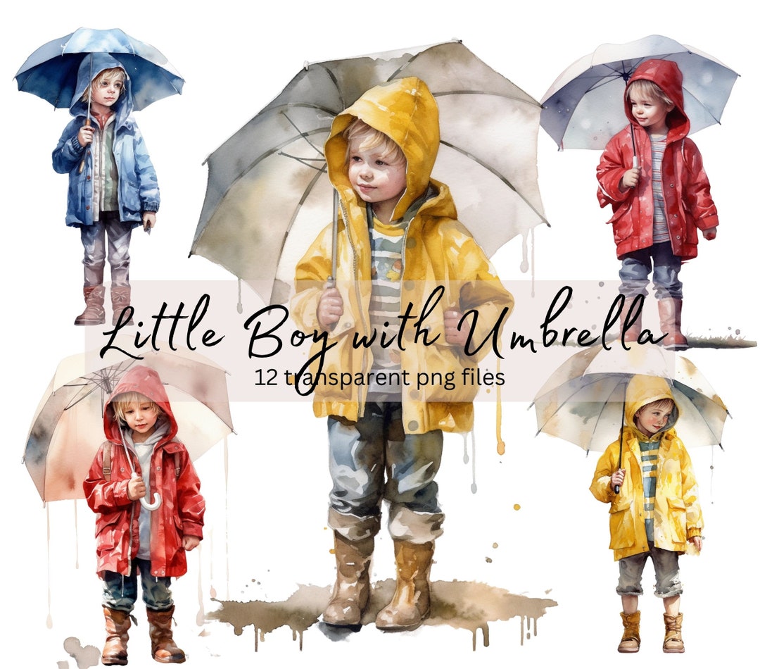 Little Boy With Umbrella Watercolor Clipart Bundle, Transparent PNG ...