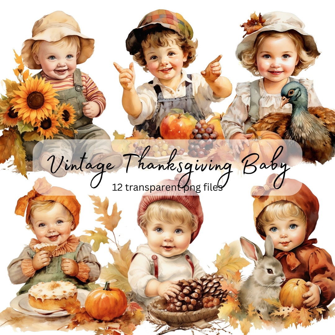 Thanksgiving Vintage Baby Watercolor Clipart Bundle, Transparent PNG ...