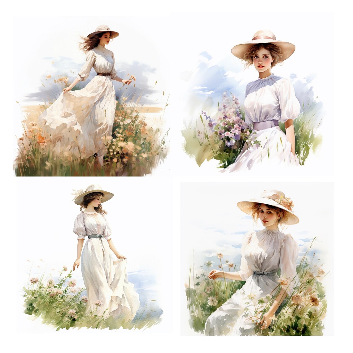 Vintage Girl at Flower Field Watercolor Clipart Bundle, High Quality ...